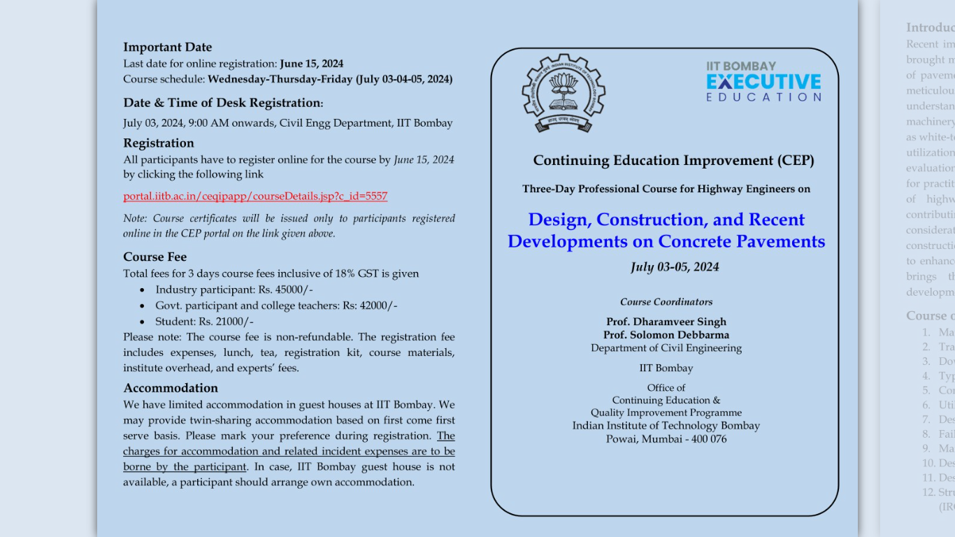 Professional Training Course on Concrete Pavements at IIT Bombay - Cazzon